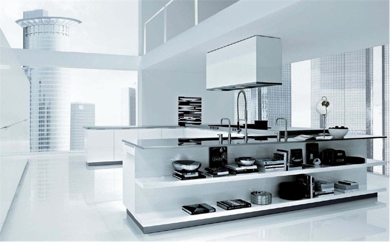 Set for the kitchen with open shelves and counter tops from stone ...