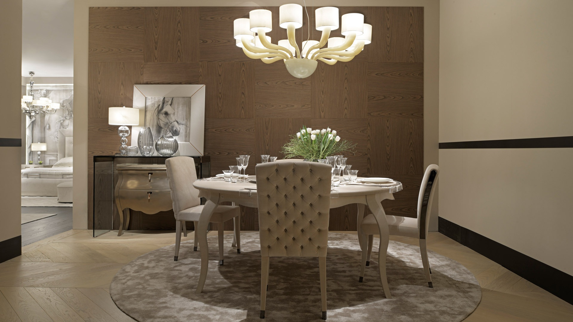 Dining round table in Canova leather with a frame made of natural wood ...